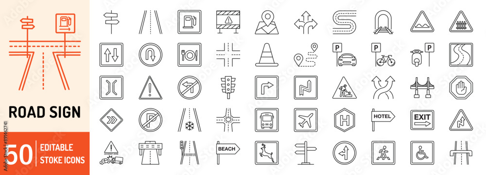 Road Sign editable stroke outline web icons set. Road, sign, highway ...