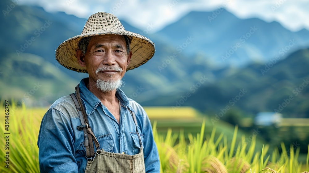 Happy rice farmer in Asia standing knee-deep in a verdant paddy field ...