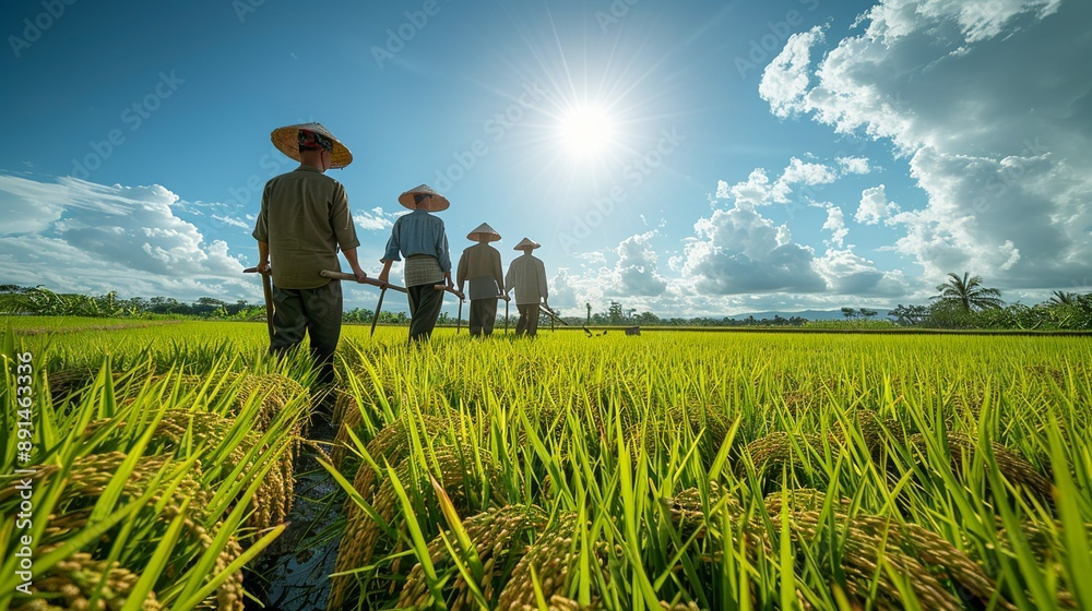 Joyful farmers in Southeast Asia plowing a rice field with traditional ...