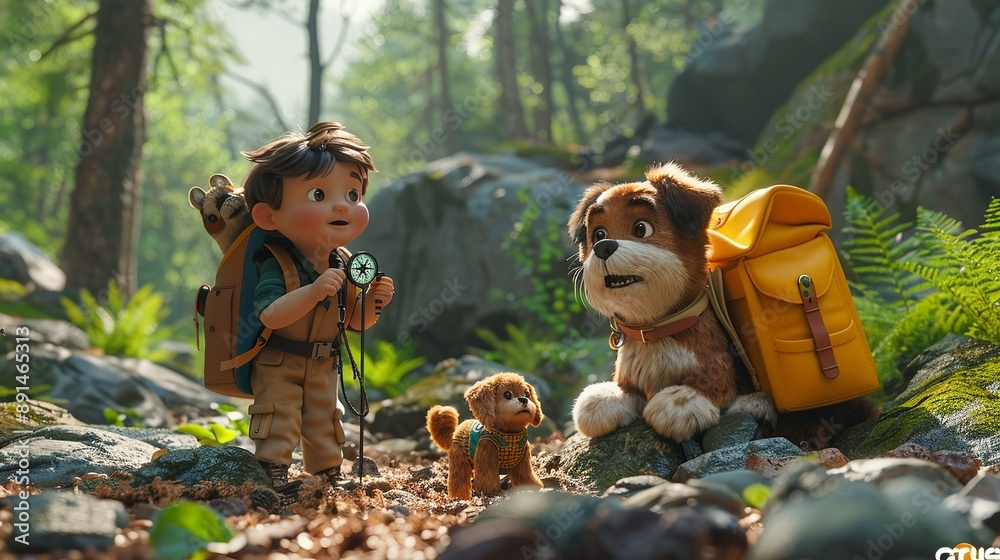 Cute kids and their pets exploring a forest with a compass and map ...