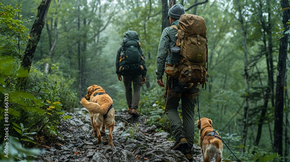 Friends and their dogs climbing a rocky forest trail, reaching the ...