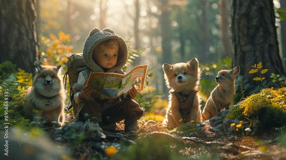 Cute kids and their pets exploring a forest with a map and compass ...