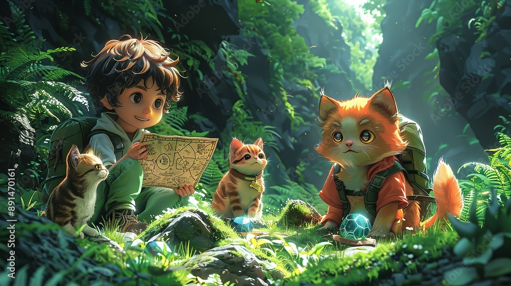 Cute kids and their pets exploring a forest with a treasure map ...