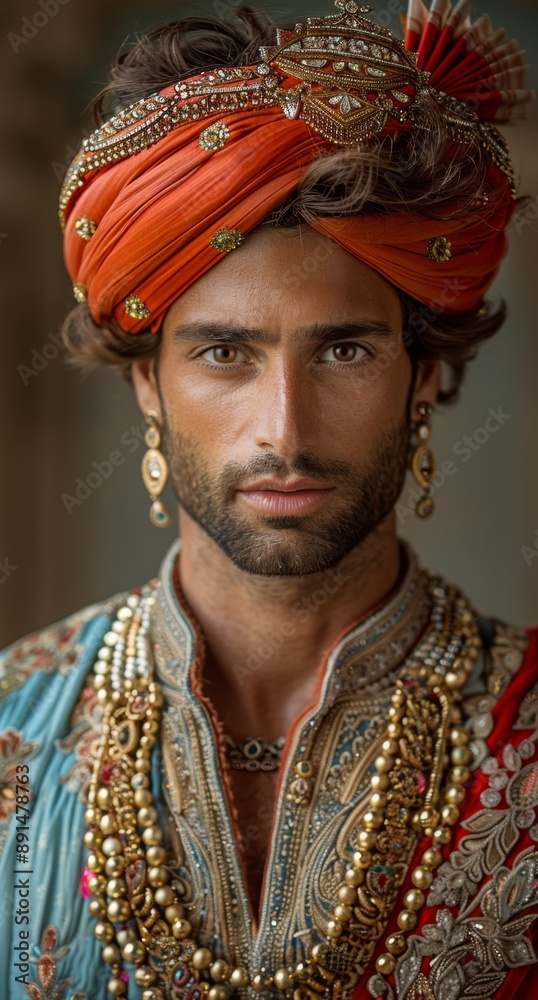 Mughal style photo of a handsome man with brown hair and a short beard ...