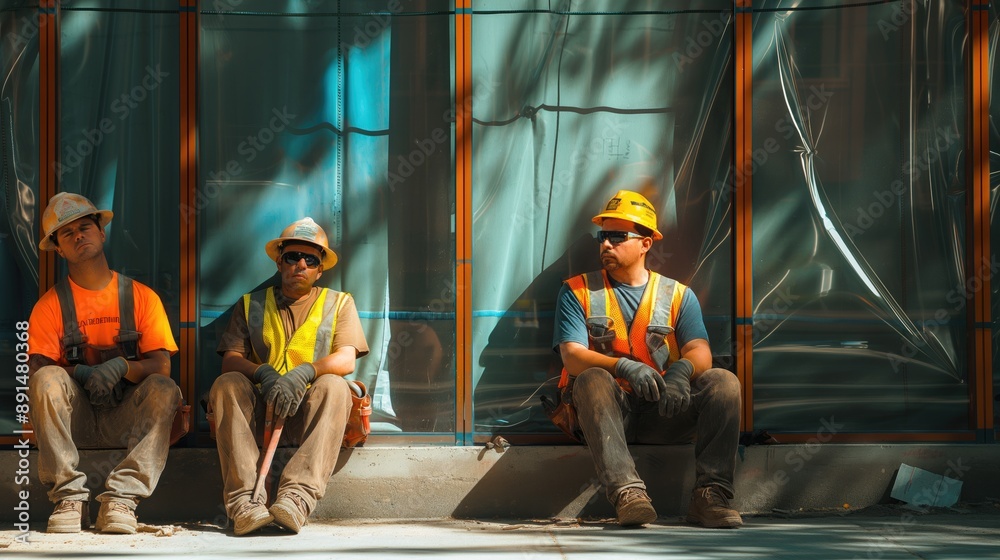 A reflective image of construction workers resting in the shade during ...