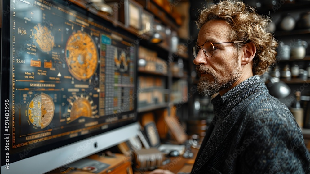 Entrepreneur analyzing data on a high-tech computer monitor while referencing old financial ...