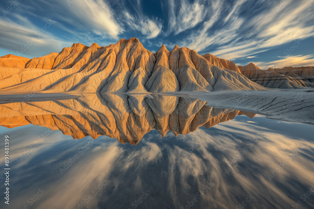 Perfect reflection of the detailed ridges of the badlands in still ...