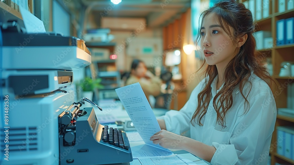 Businesswoman using a high-tech scanner to digitize documents, with a ...