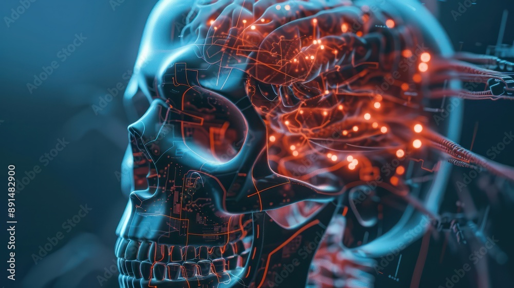 outline of a human skull and brain with built-in luminous chips ...