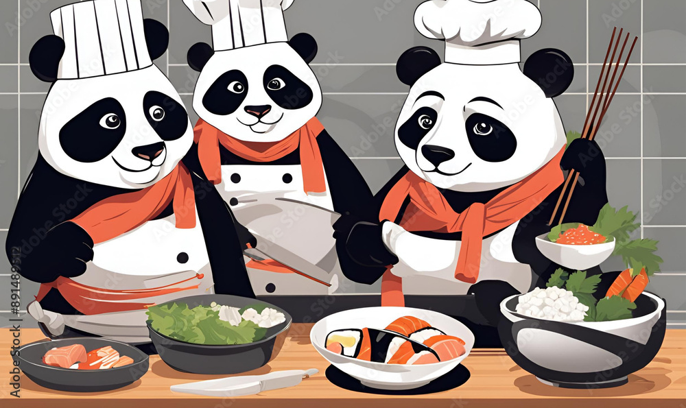 Chef Panda: Pandas with chef hats and glasses, preparing sushi in a ...