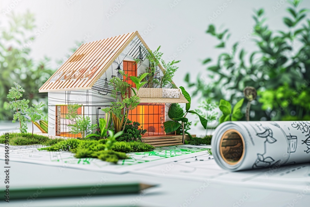 Transparent house drawing with reality overlay, surrounded by lush ...