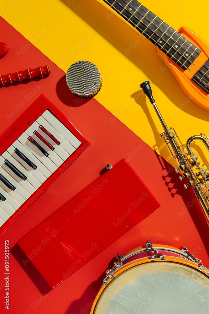 Red and yellow background, a top view of musical instruments placed on ...
