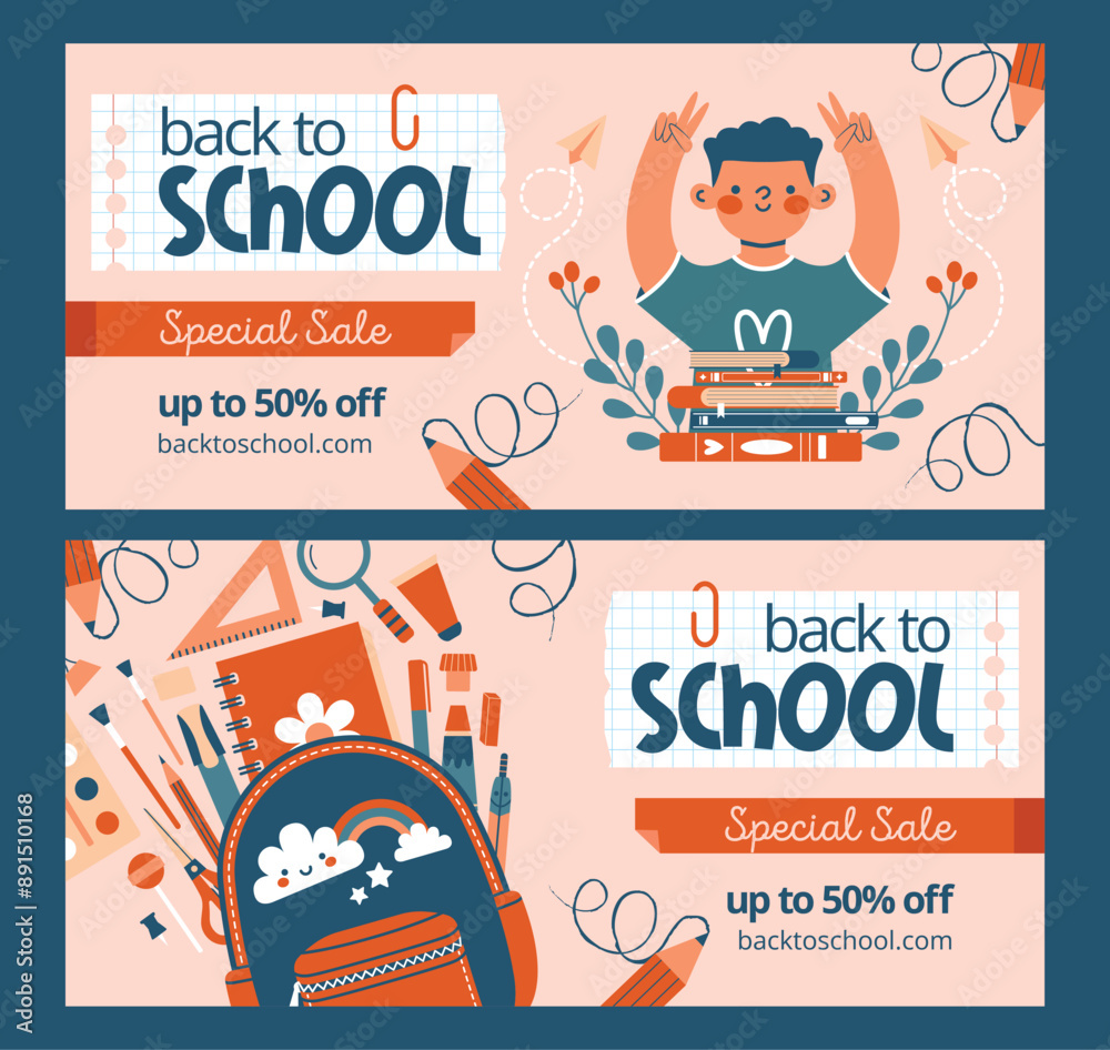 Set of school banners about sale on stationery store. Flyer templates ...