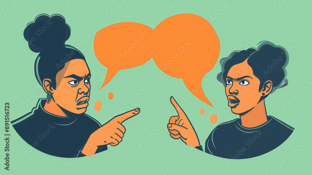 A cartoon illustration of two people in a conversation, one person with ...