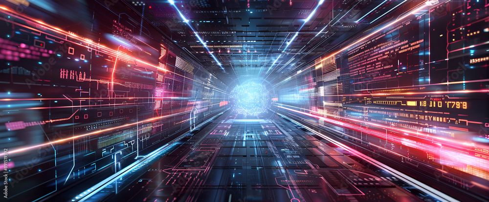 Digital data flow on road with motion blur to create vision of fast ...