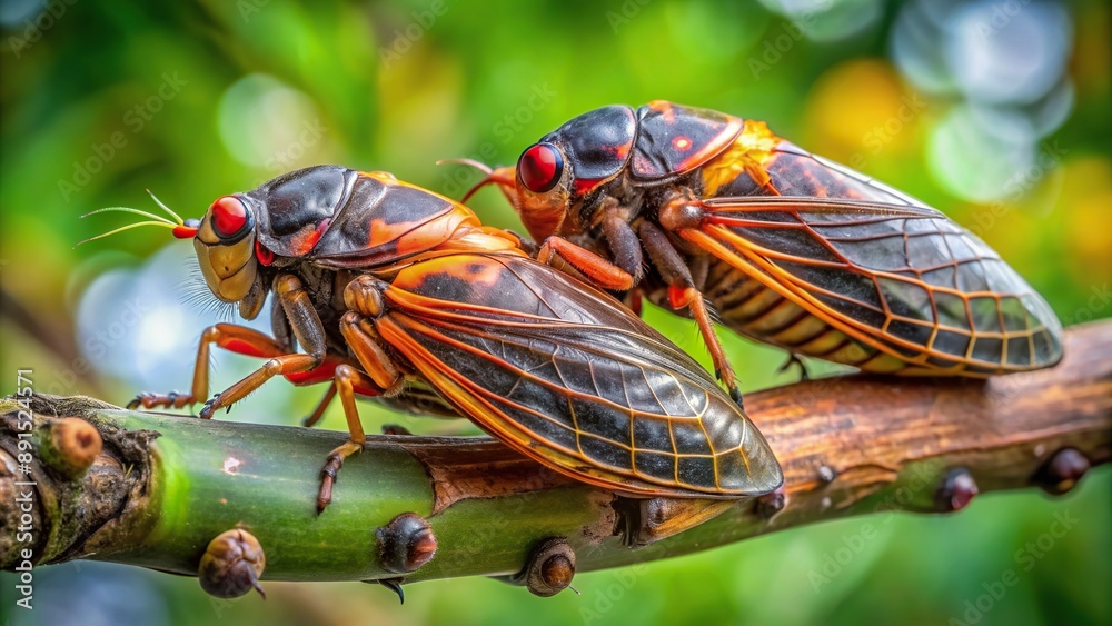 Foto de Close-up of mating Brood X periodical cicadas on tree branch ...