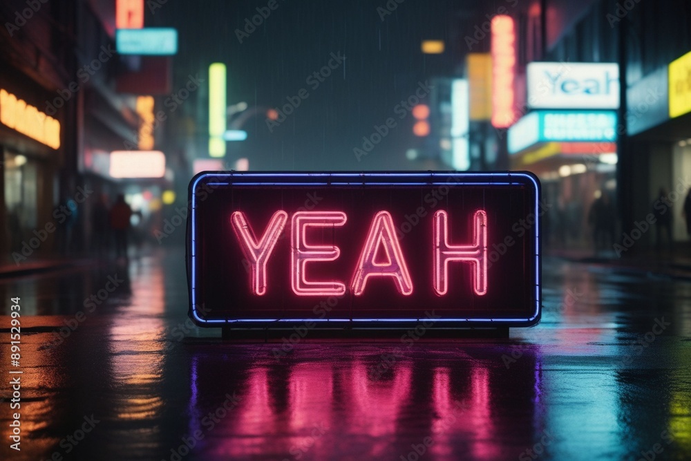 Slogan yeah neon light sign text effect on a rainy night street ...