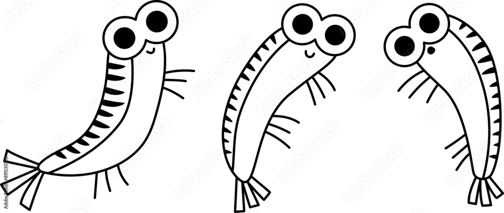 Vector black and white shrimp icon set. Under the sea line illustration ...