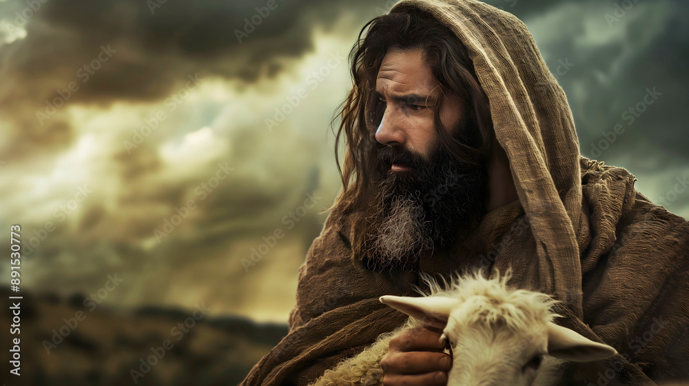 Abel from the Bible who has led his flock to pasture, walking and ...