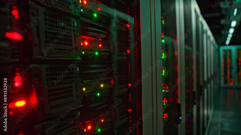 Foto de Rows of servers and digital storage devices in a modern archive ...