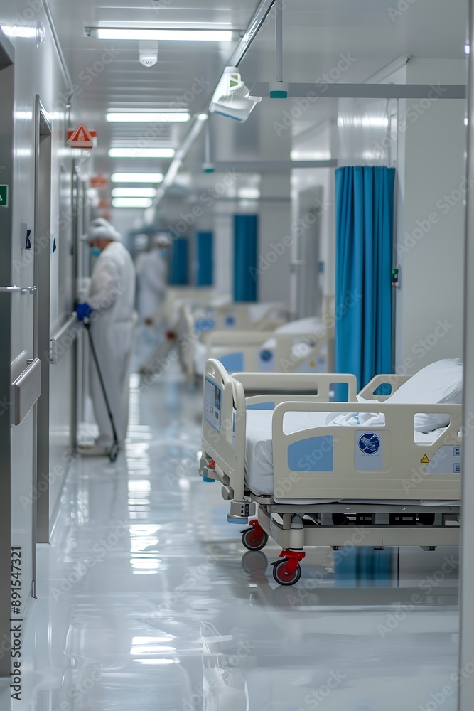 Hospital ward undergoing thorough disinfection by a team of janitors ...