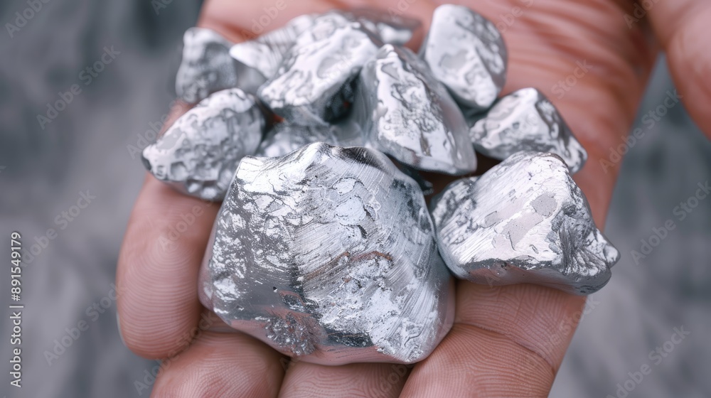 A close-up of raw silver ore with metallic sheen, held in a miner's ...