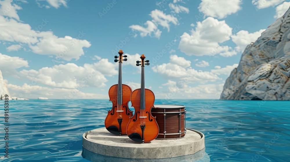 Two violins and a drum on a floating platform in a scenic coastal ...