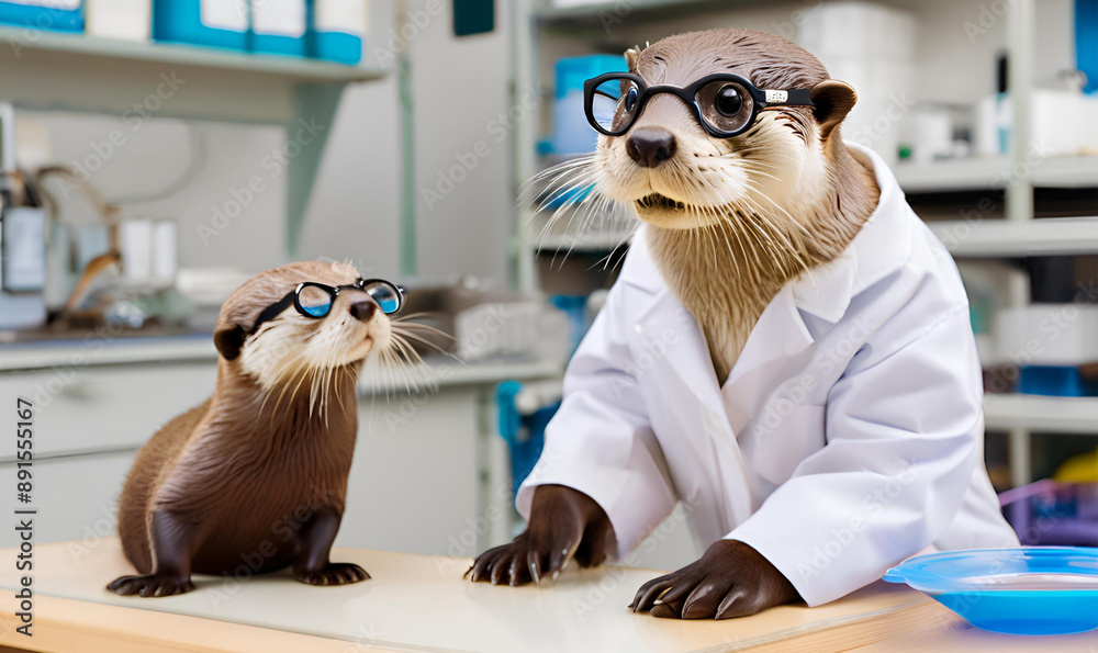 Scientist Otter: Otters with glasses and lab coats, conducting ...