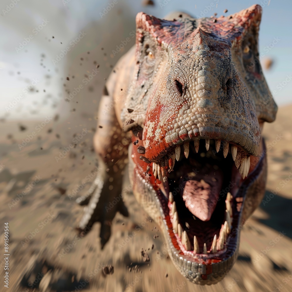 Carnotaurus chasing prey in a volcanic landscape, dynamic and hyper ...