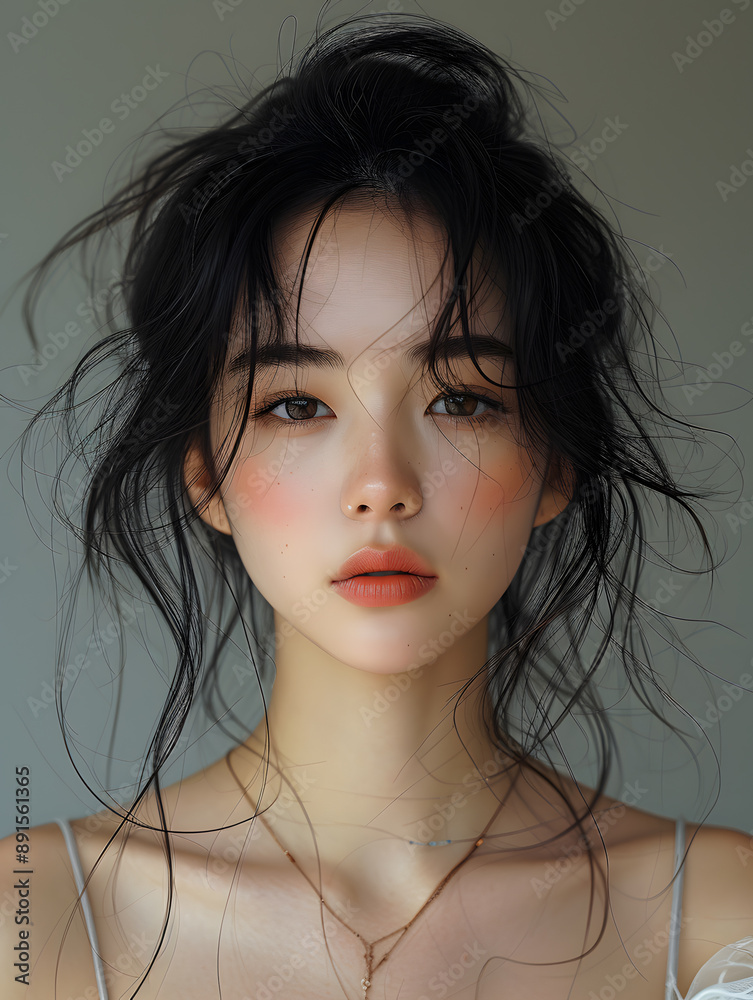 High resolution, 4K, present an Asian girl with monolids facing the ...