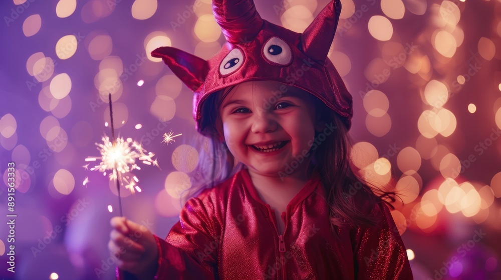 A little girl is holding a sparkler and wearing a red costume Stock ...