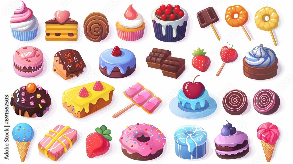 Game icons featuring cakes, sweets, and desserts. Cartoon 2D UI graphic ...