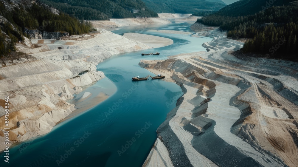 An aerial view of a river with placer mining operations, showing ...