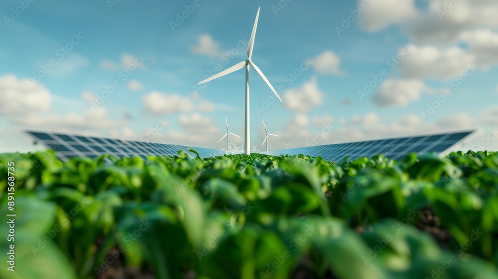 A detailed shot of a sustainable farm with wind turbines and solar ...