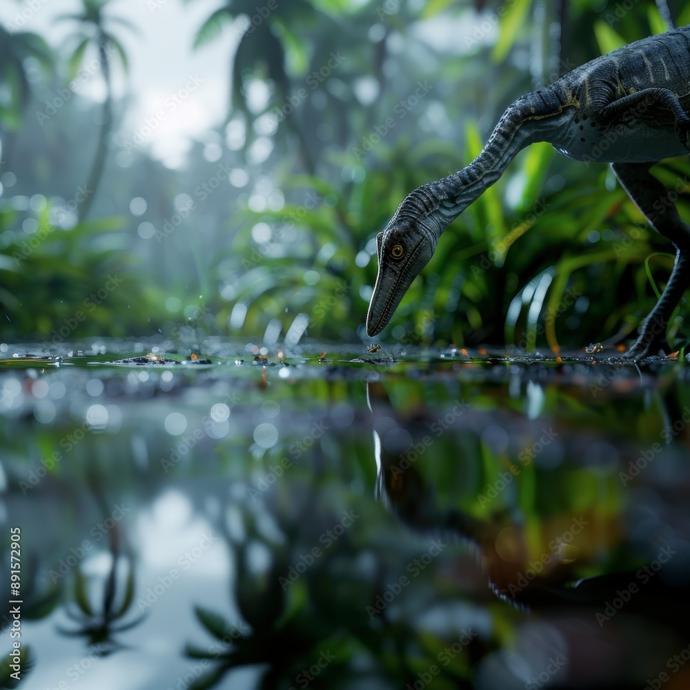Eoraptor hunting insects in a lush prehistoric environment, beautifully ...