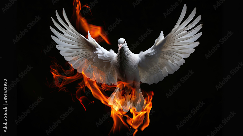 Flying White Dove on Fire, Isolated on Dark Background, Dramatic ...
