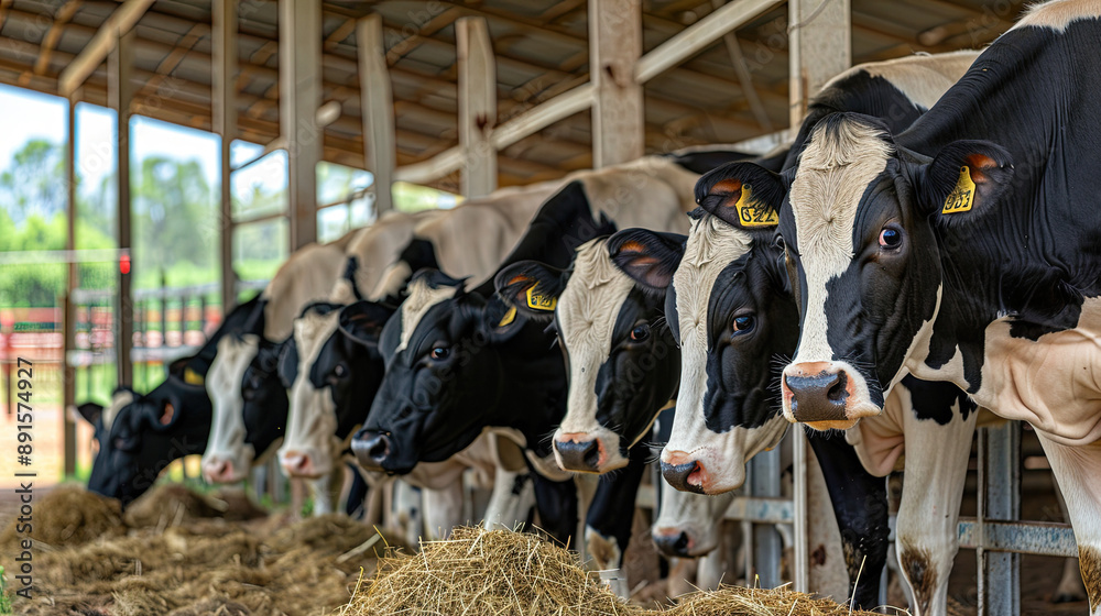 Group of Cows at Cowshed Eating Hay or Fodder on Dairy Farm, Dairy Farm Scene, Cows Feeding ...