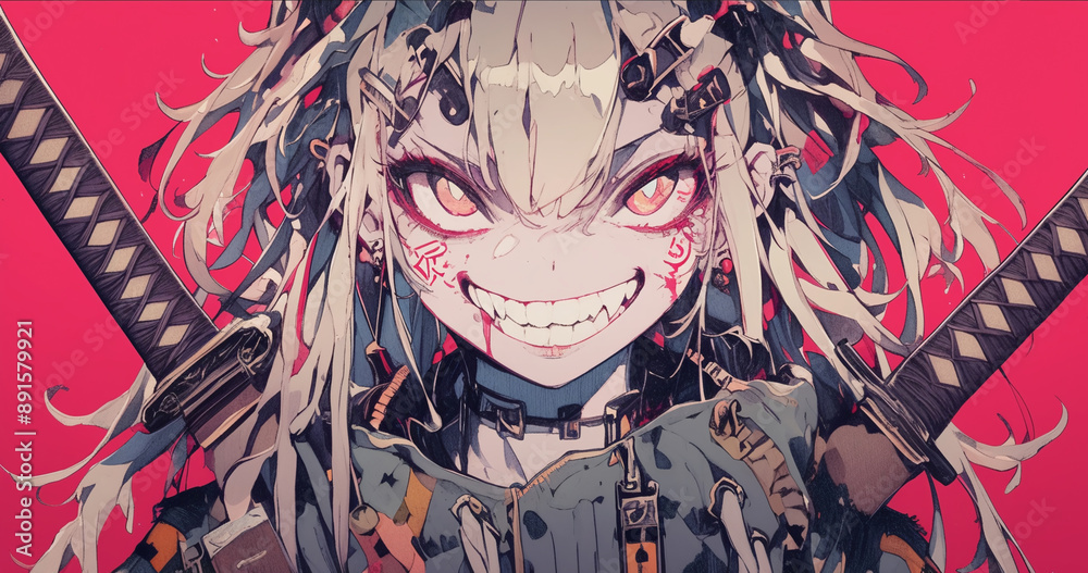Sinister Girl in Anime Style with Malicious Smile, Fanged White Teeth ...