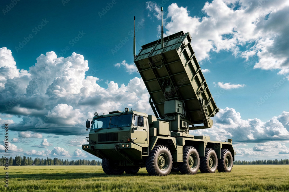 Modern air defence radar of military mobile missile launcher system of ...