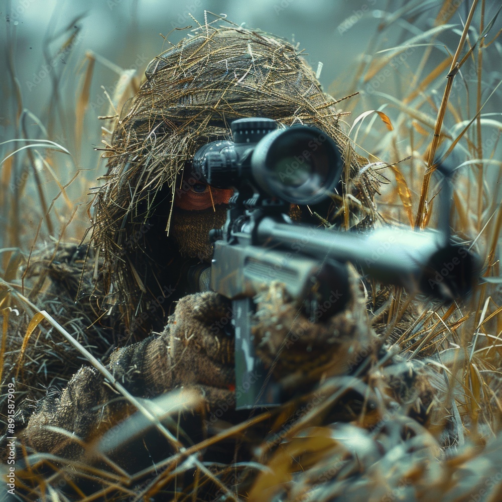 Stealthy Sniper in Ghillie Suit Camouflaged in Tall Grass with High ...