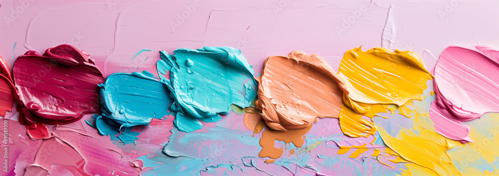 Vibrant Acrylic Paint Samples on Pastel Pink Background: Close up on ...