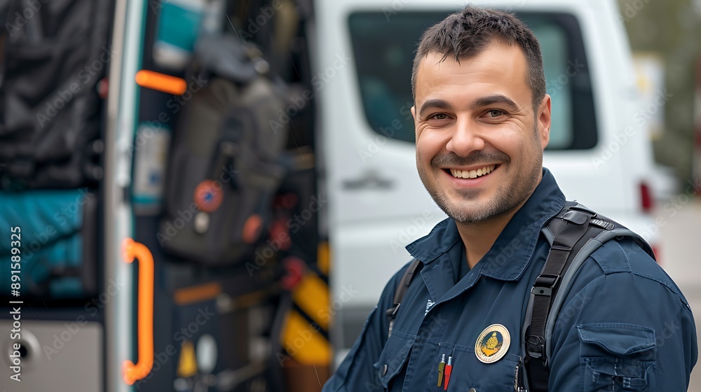 Approachable male paramedic in an emergency medical uniform smiling at ...