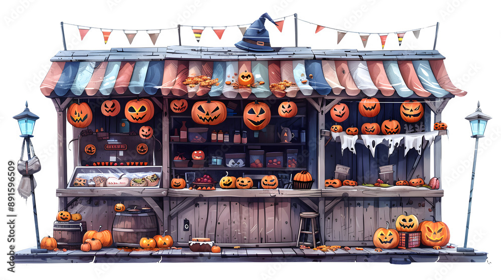 Halloween market stall, spooky themed vendor booth, eerie Halloween ...