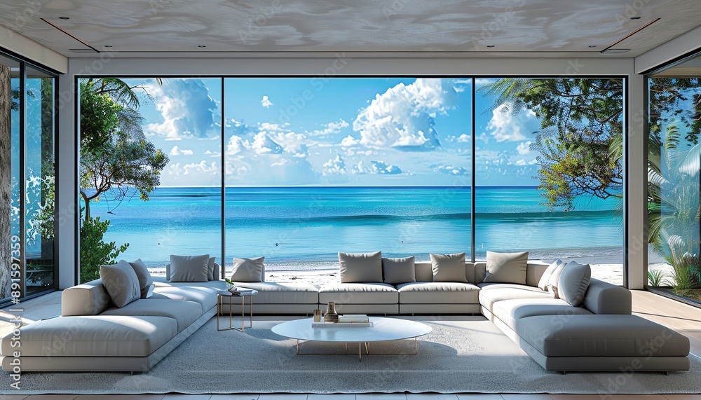 Modern living room interior, large window, ocean view, blue sky, white ...