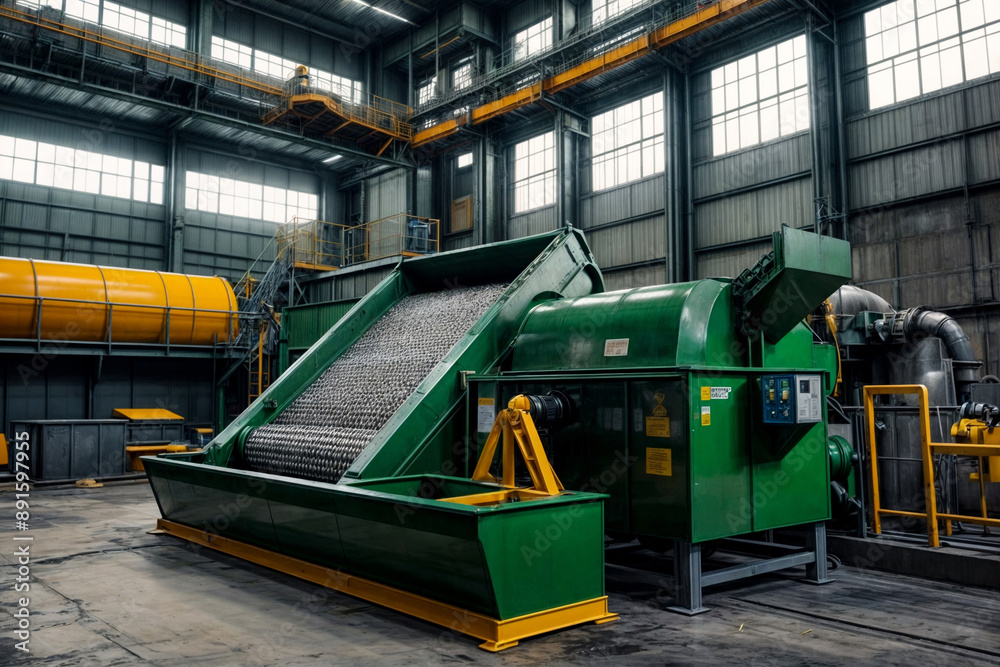 Recycling plant conveyor belt transporting garbage trash inside drum ...