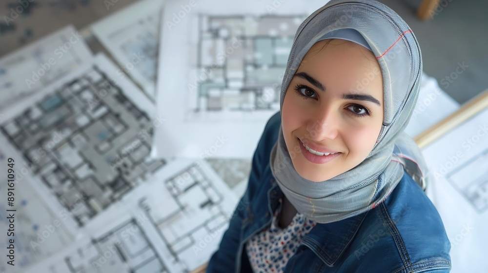 Creative architectural drafter wearing a hijab and casual attire smiles ...
