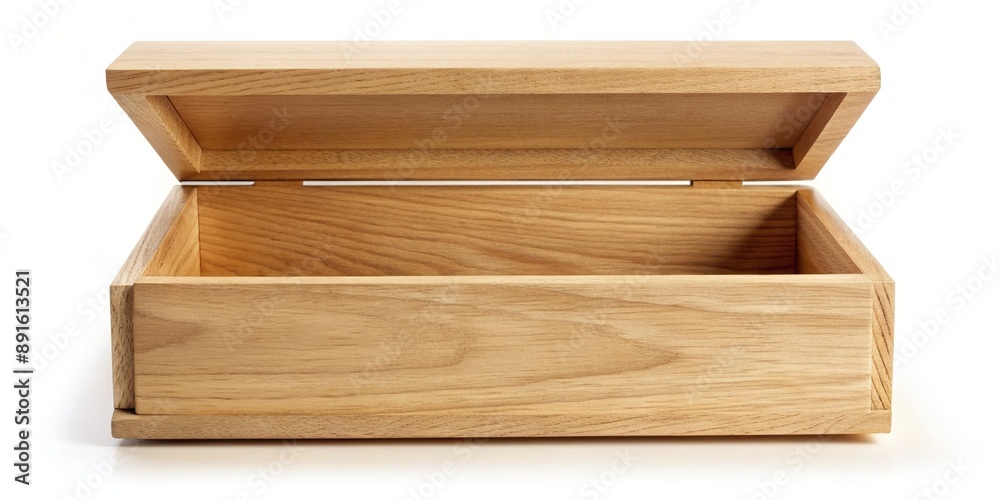 Empty oak wooden box with open lid isolated on white background, box ...