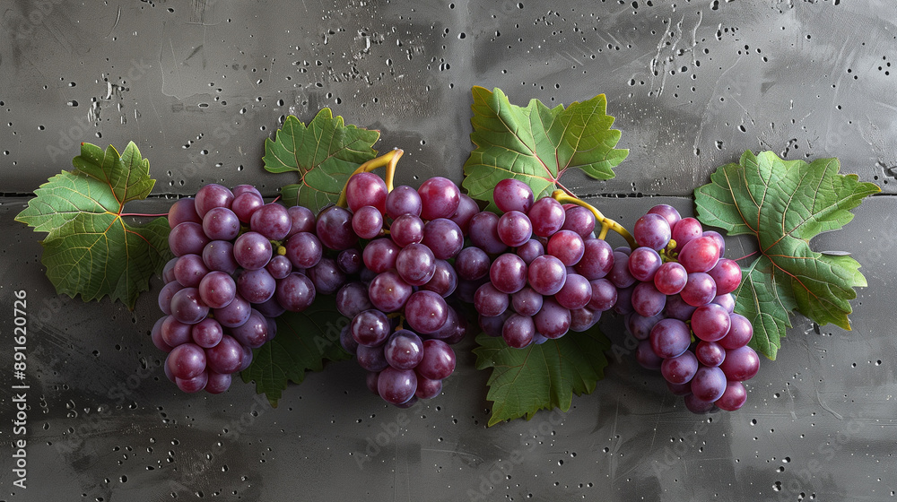 This image shows a bunch of fresh red grapes with vibrant green leaves ...