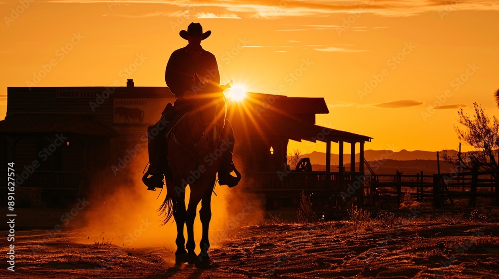 Silhouette of a cowboy on horseback at sunset in front of a wooden ...