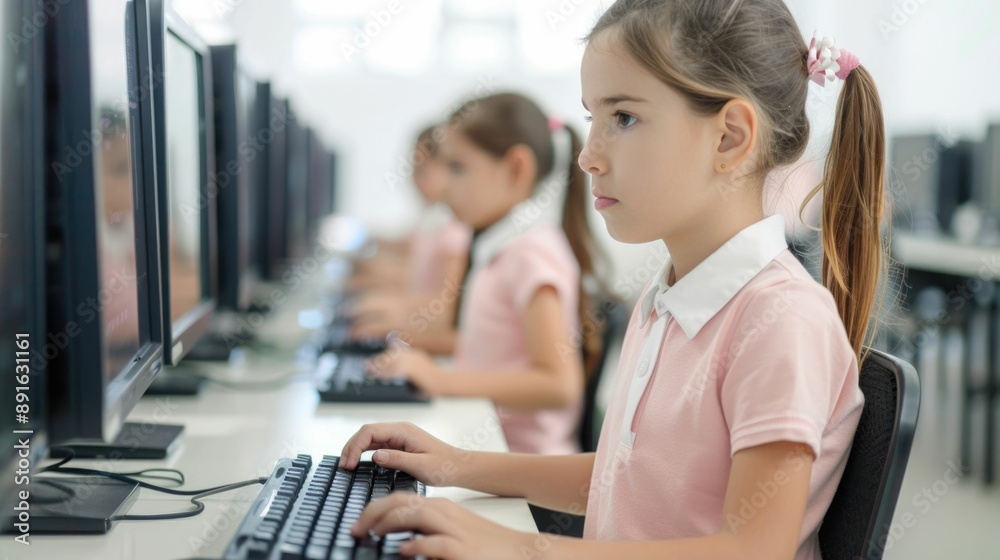Primary school teacher guiding group of students in computer lab ...
